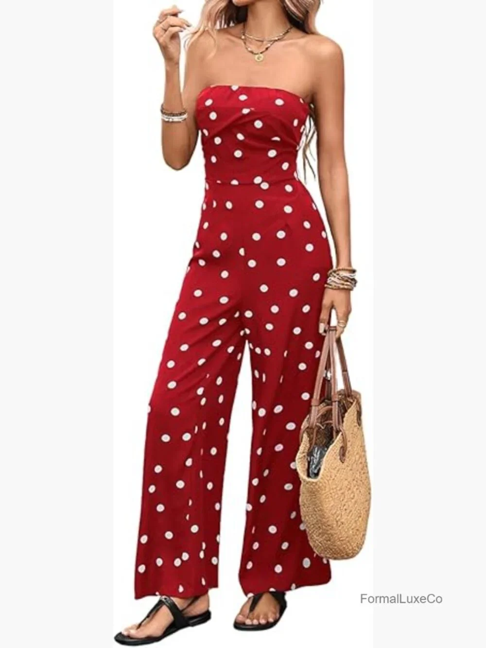 Pants & Jumpsuits | Smocked Tube Jumpsuit Polka Dot Wide Leg Romper ...
